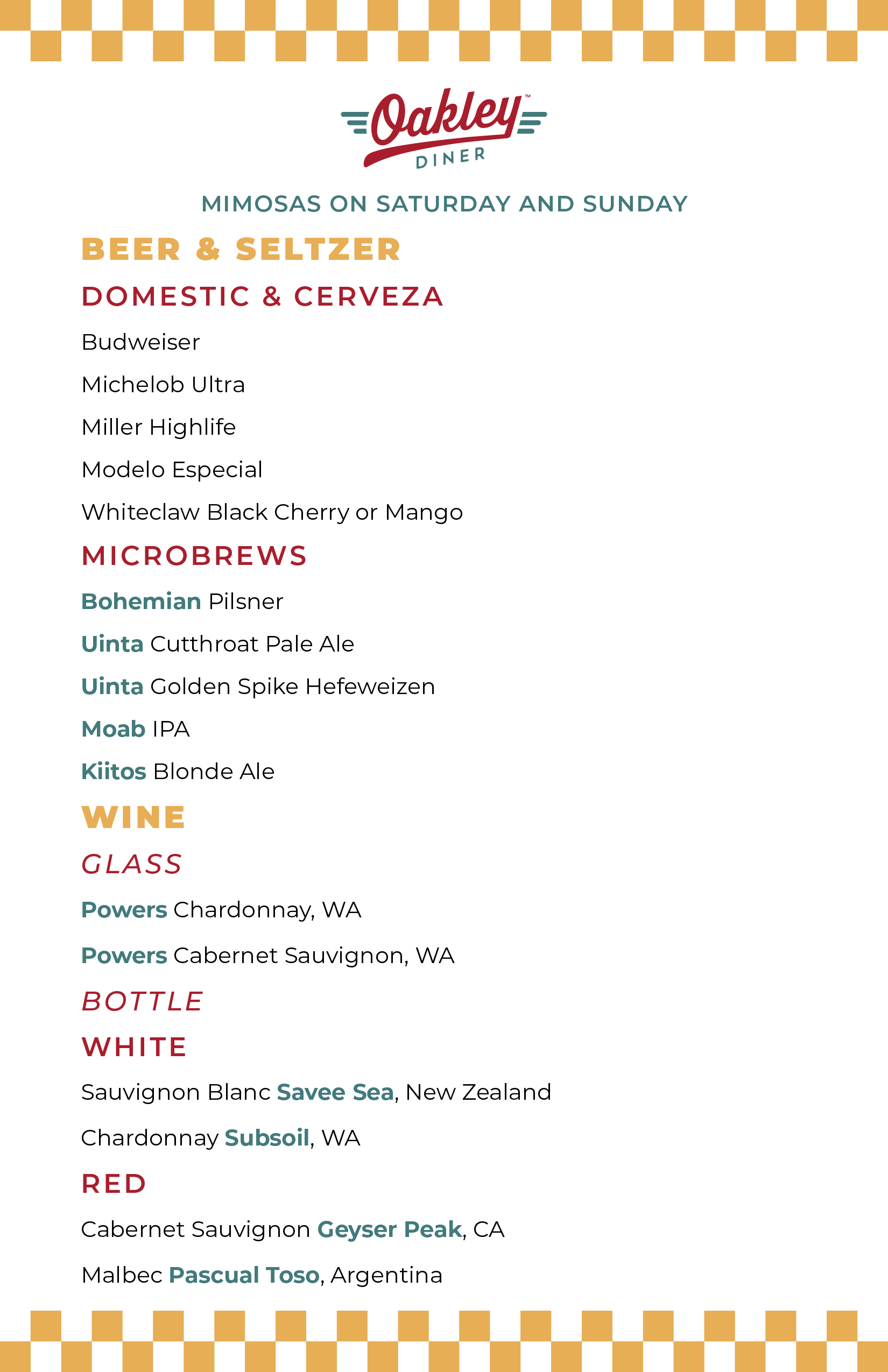 Menus – Oakley Diner