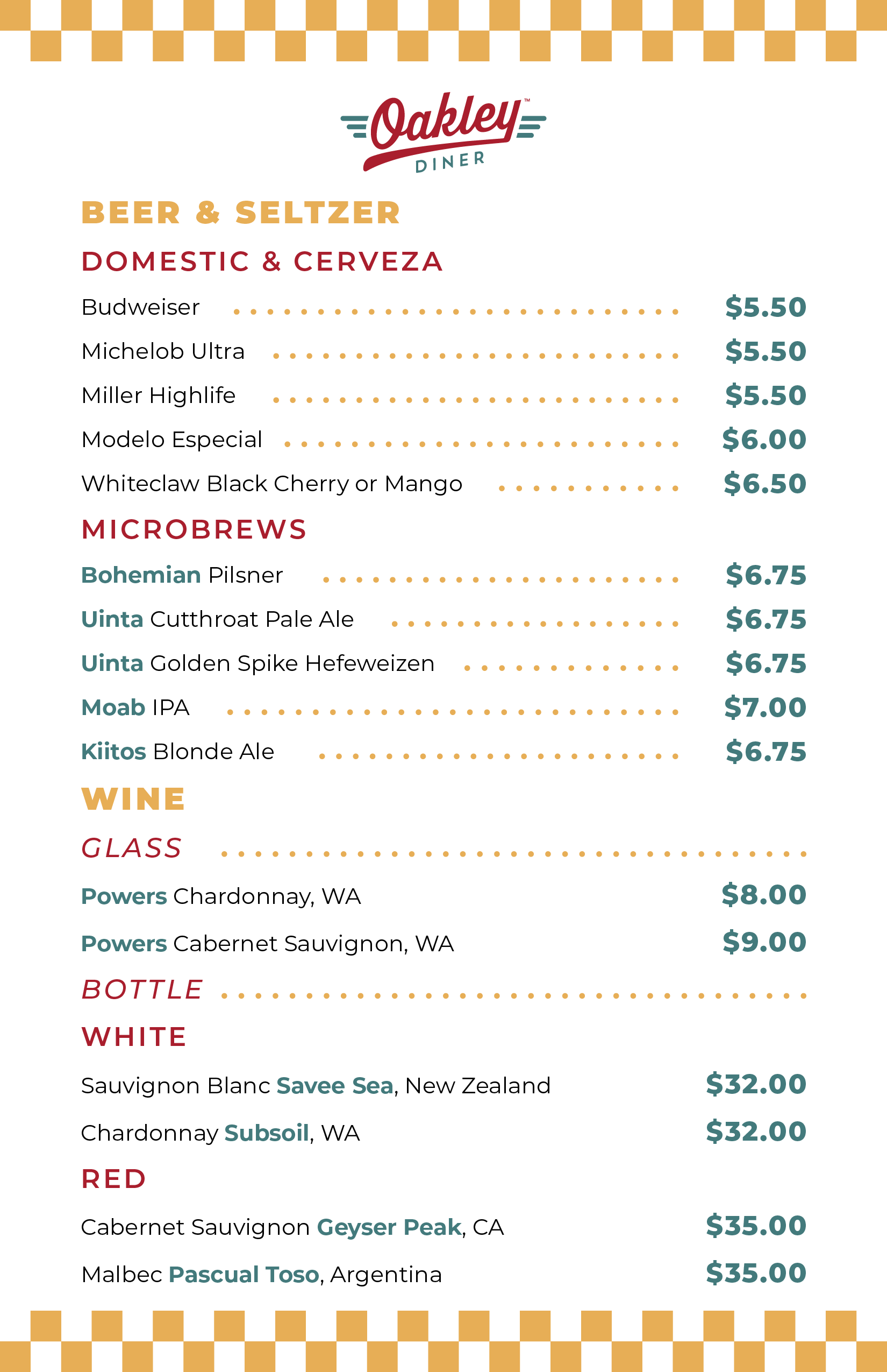 Menus – Oakley Diner