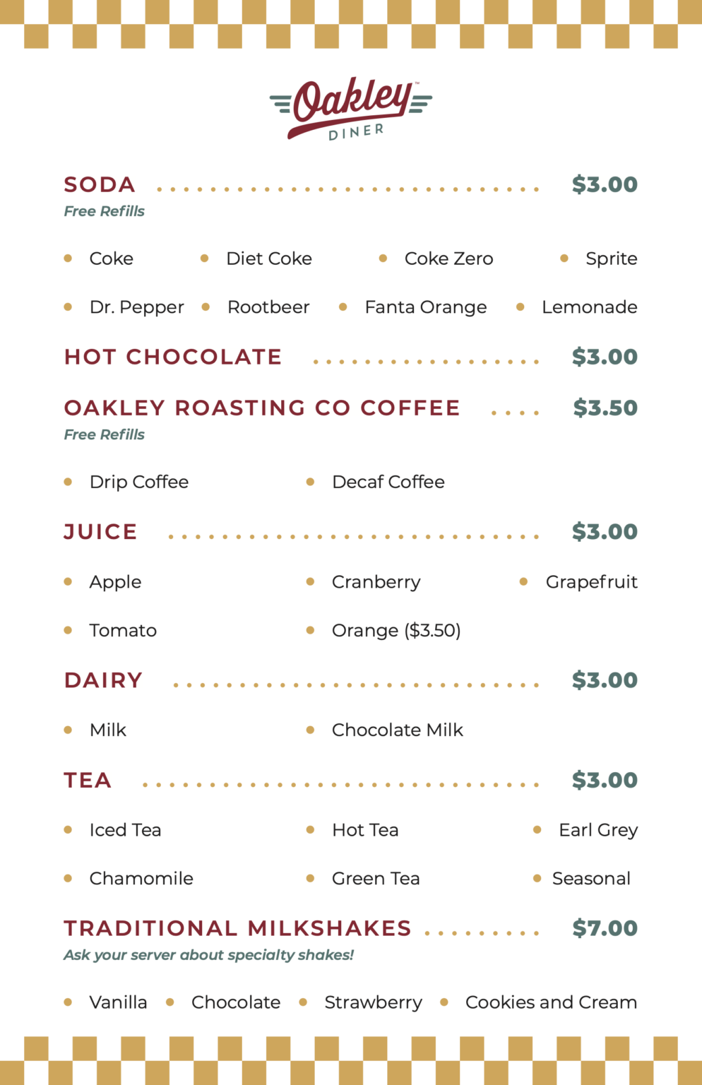 Menus – Oakley Diner